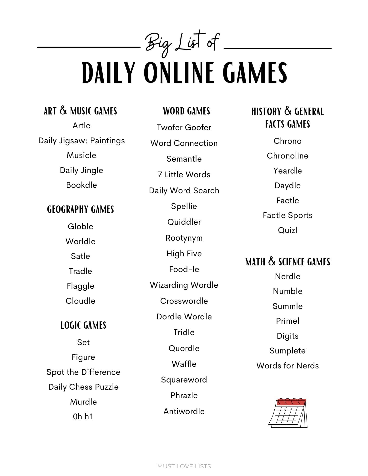 50 Daily Online Games for Students (FREE PRINTABLE LIST) - Must Love Lists